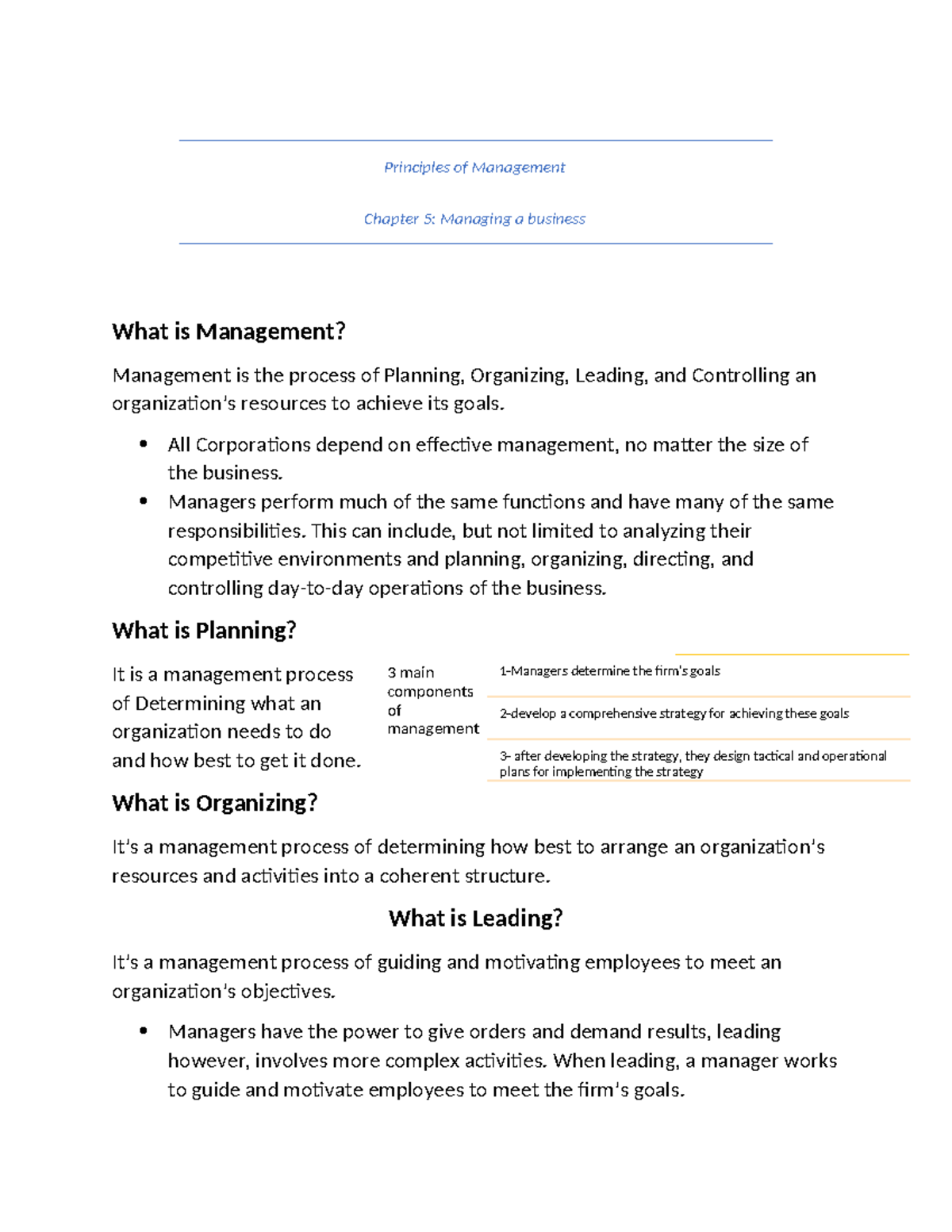 THE Ultimate Recap OF Managment - Principles of Management Chapter 5: Managing a business What ...