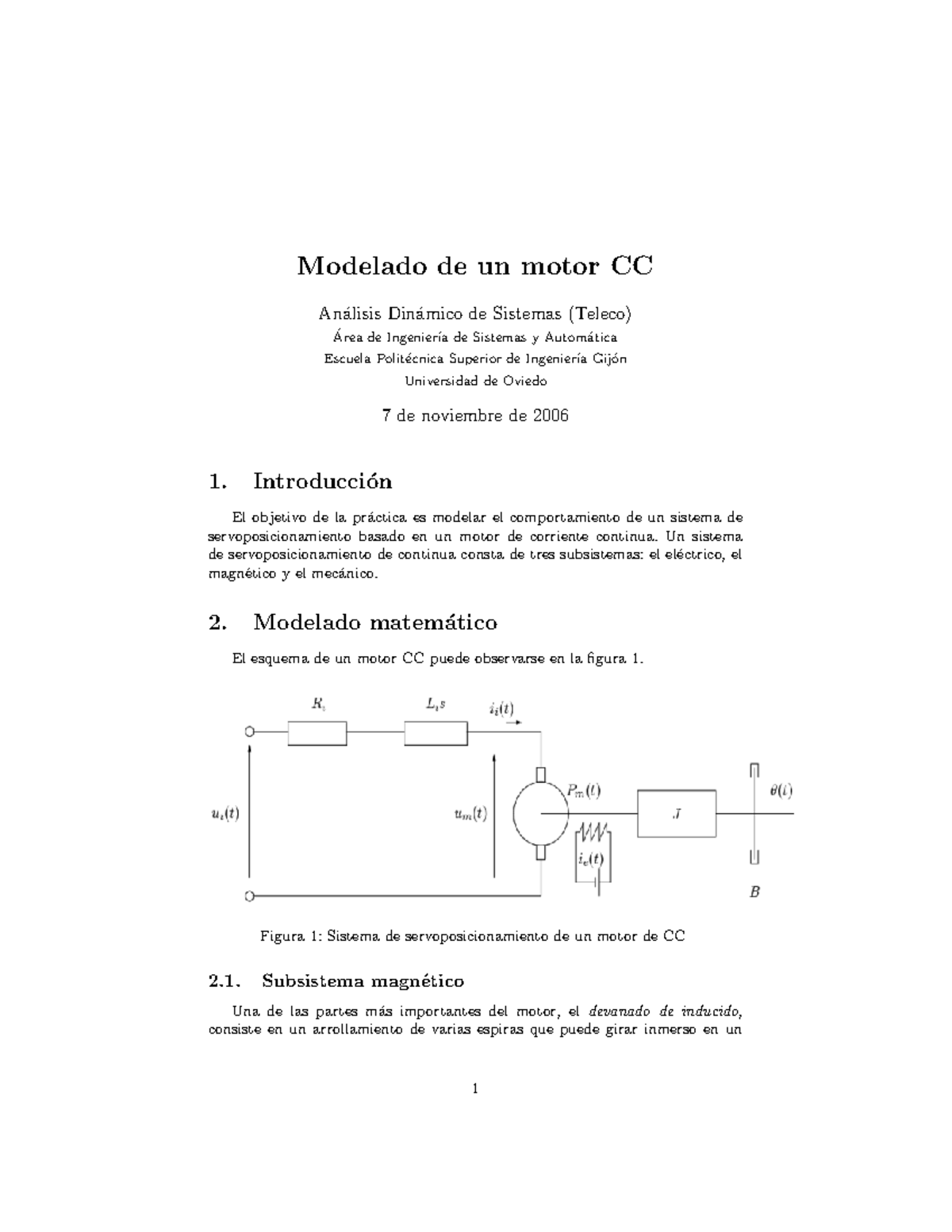 [Lab] Modelado Motor CC - Modelado de un motor CC An ́alisis Din ́amico de Sistemas (Teleco ...