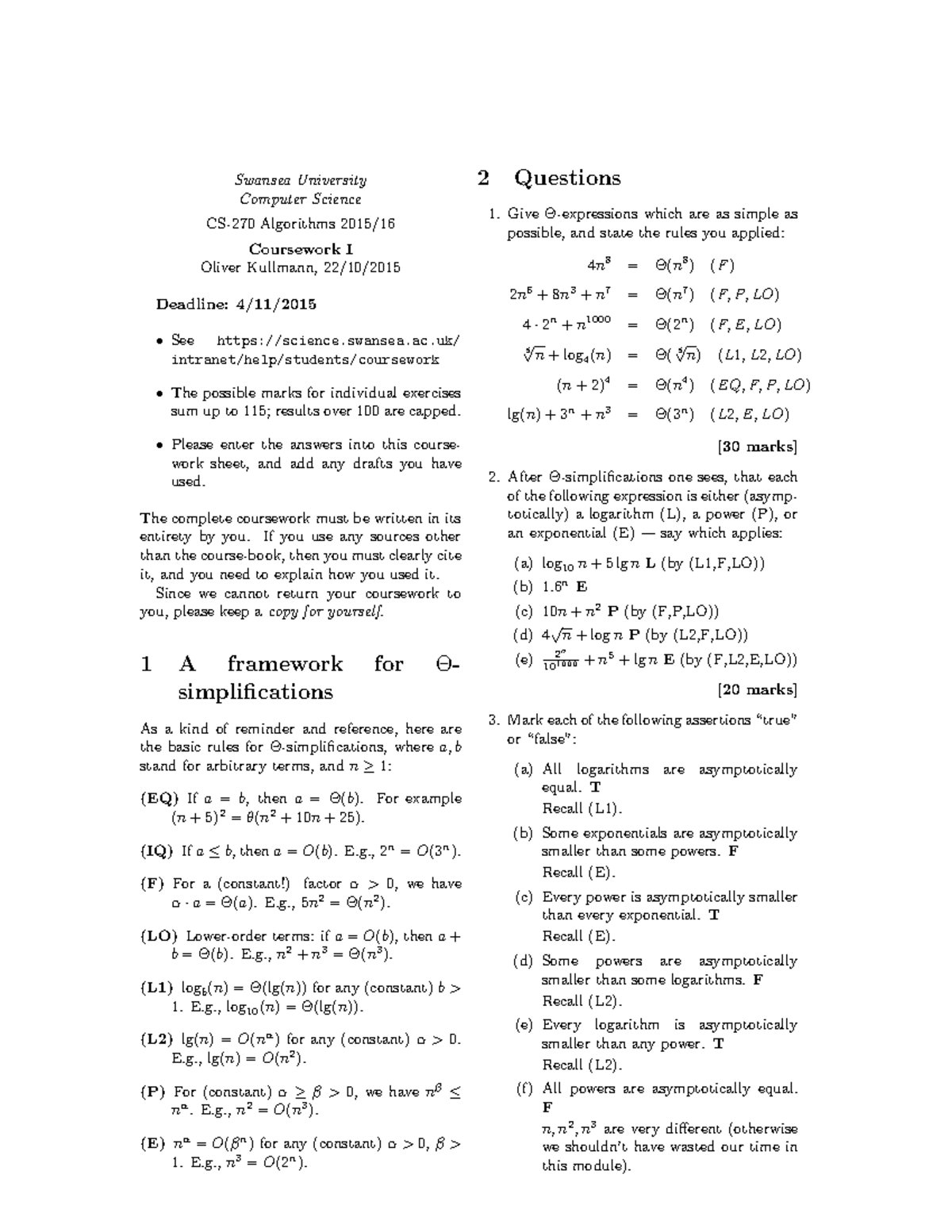 Assign 1 2015 sol - Swansea University Computer Science CS-270 Algorithms 2015/ Coursework I ...