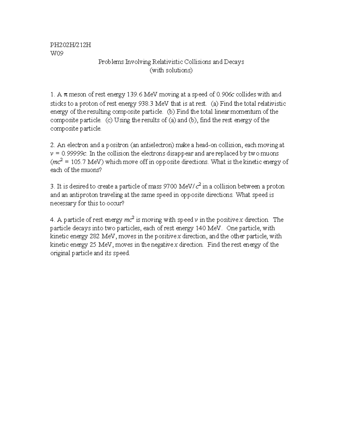 Relativity sampled quest - PH202H/212H W Problems Involving ...