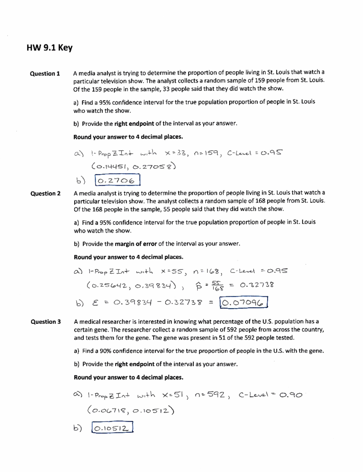 HW 9.1 Key - fundamentals of statistics chapter 9 section 1 - MATH 1016 ...