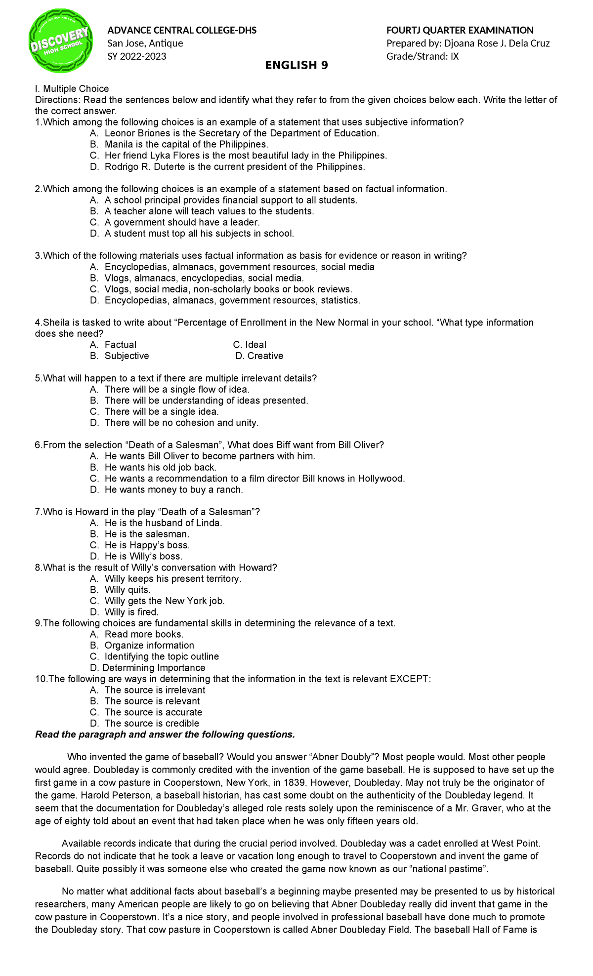 English 9 4TH QUARTER EXAM - ENGLISH 9 I. Multiple Choice Directions ...