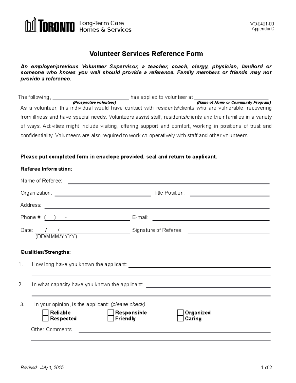 Volunteer Services Reference Form 1 Fillable - Long-Term Care Homes ...