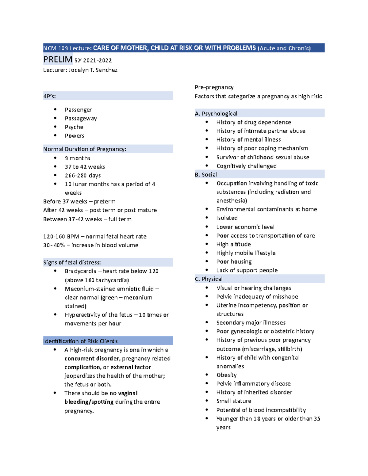 NCM 109 Lecture (Auto Recovered) - NCM 109 Lecture: CARE OF MOTHER, CHILD AT RISK OR WITH ...