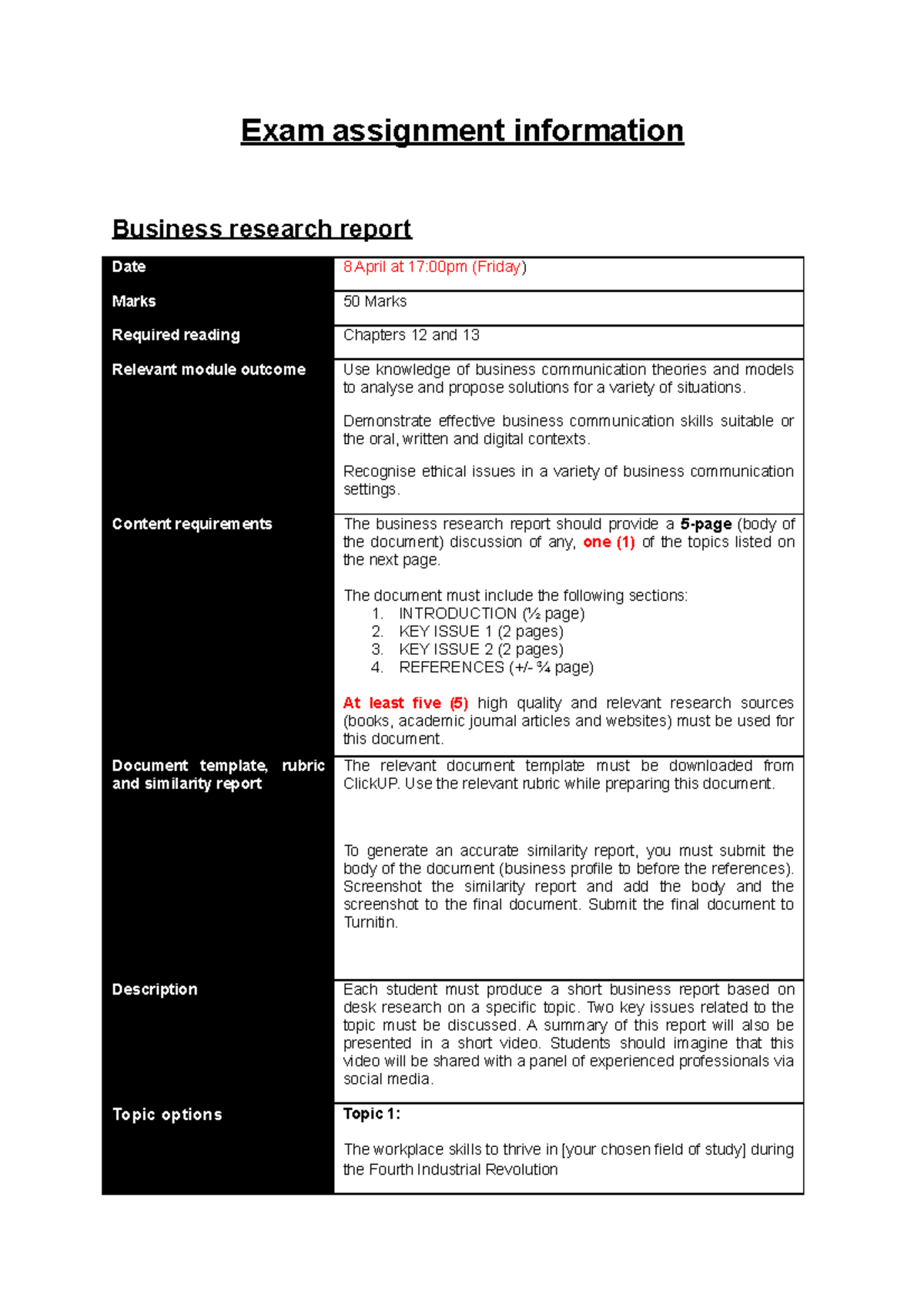Exam assingment information - Exam assignment information Business ...