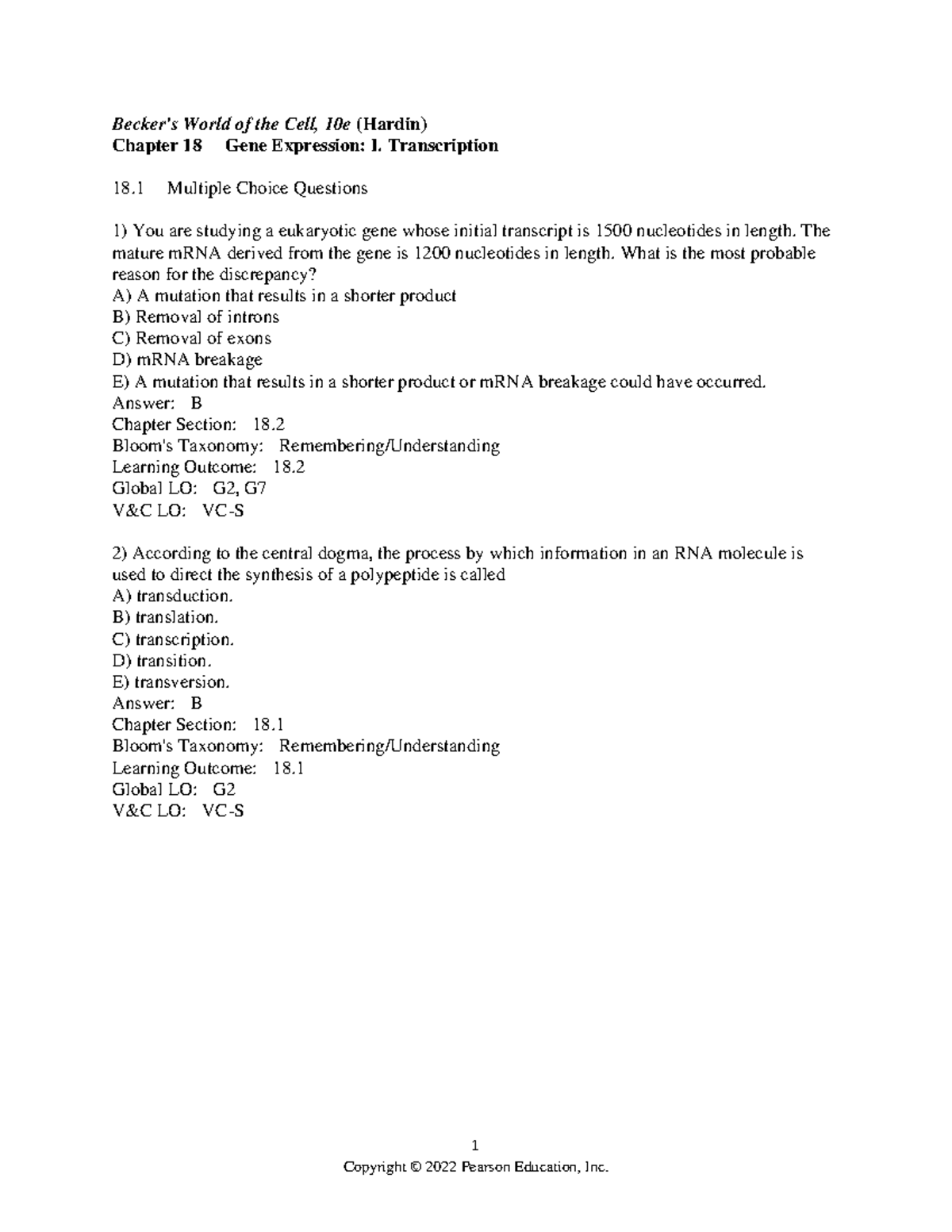 Hardin bwoc10 ch18 testbank - 1 Becker's World of the Cell, 10e (Hardin ...
