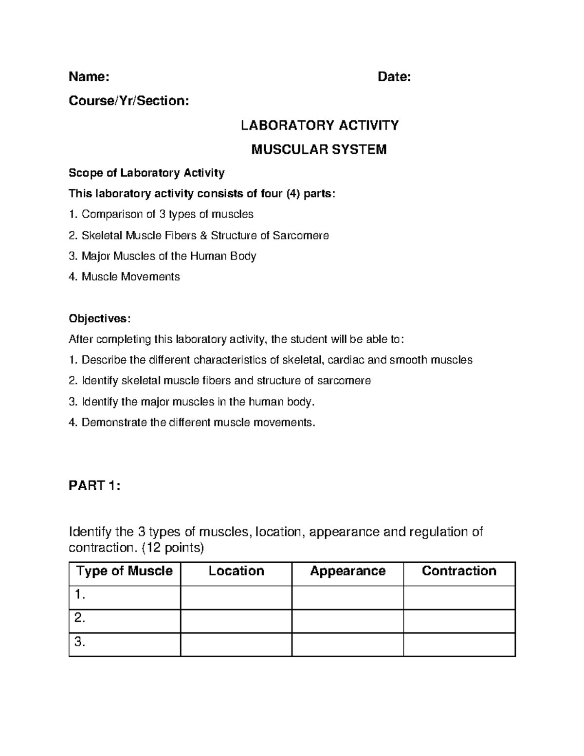 Muscular- System-LAB- Activity - Name: Date: Course/Yr/Section: LABORATORY ACTIVITY MUSCULAR ...