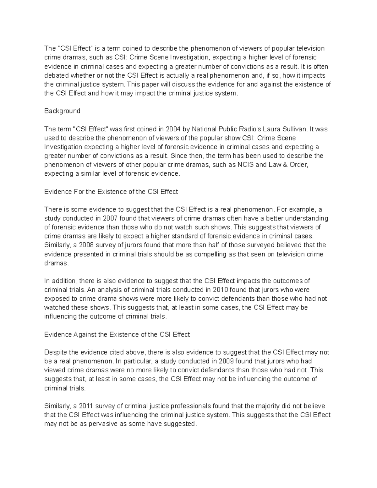 CSI Effect - The “CSI Effect” is a term coined to describe the ...