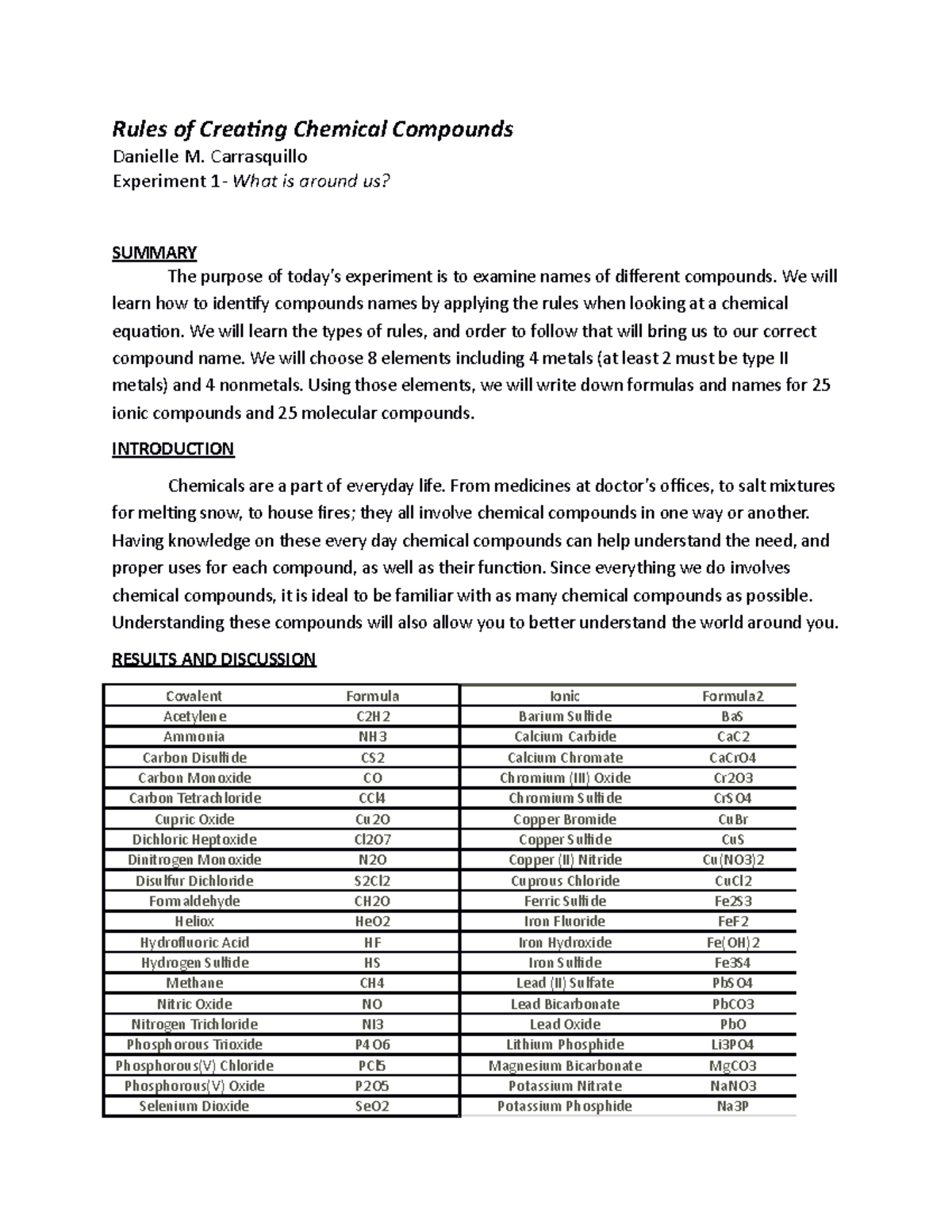 Experiment 1 - Rules of Creating Chemical Compounds Danielle M ...
