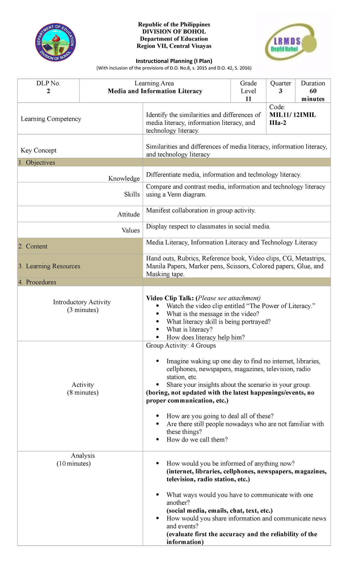 Mil DLP- new Q3 2 - LESSON PLAN - Republic of the Philippines DIVISION ...