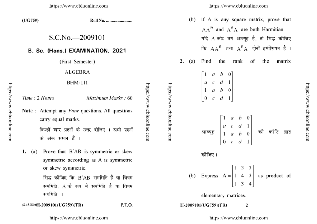 Bsc 1 sem hons algebra 2009 101 2021 - B.Sc Chemistry - Studocu