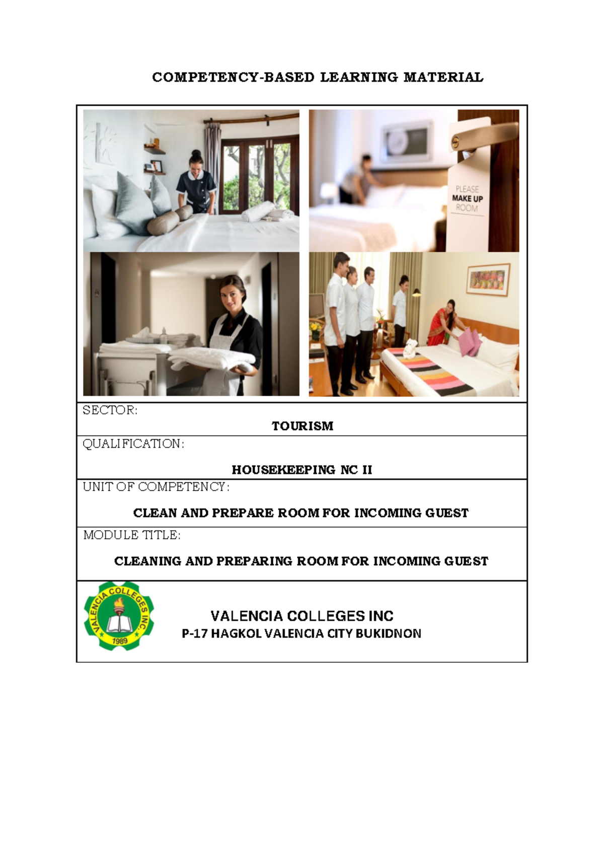 CBLM-Housekeeping-NCII - COMPETENCY-BASED LEARNING MATERIAL SECTOR: TOURISM QUALIFICATION: - Studocu