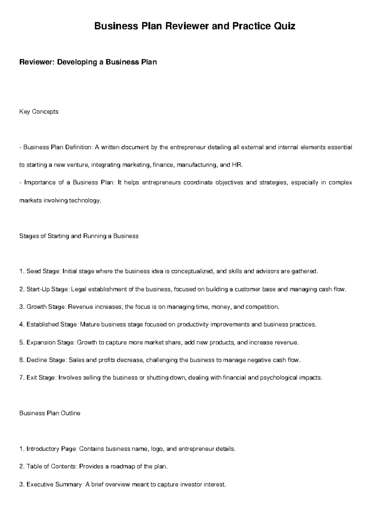 Business Plan Reviewer and Quiz - Business Plan Reviewer and Practice ...