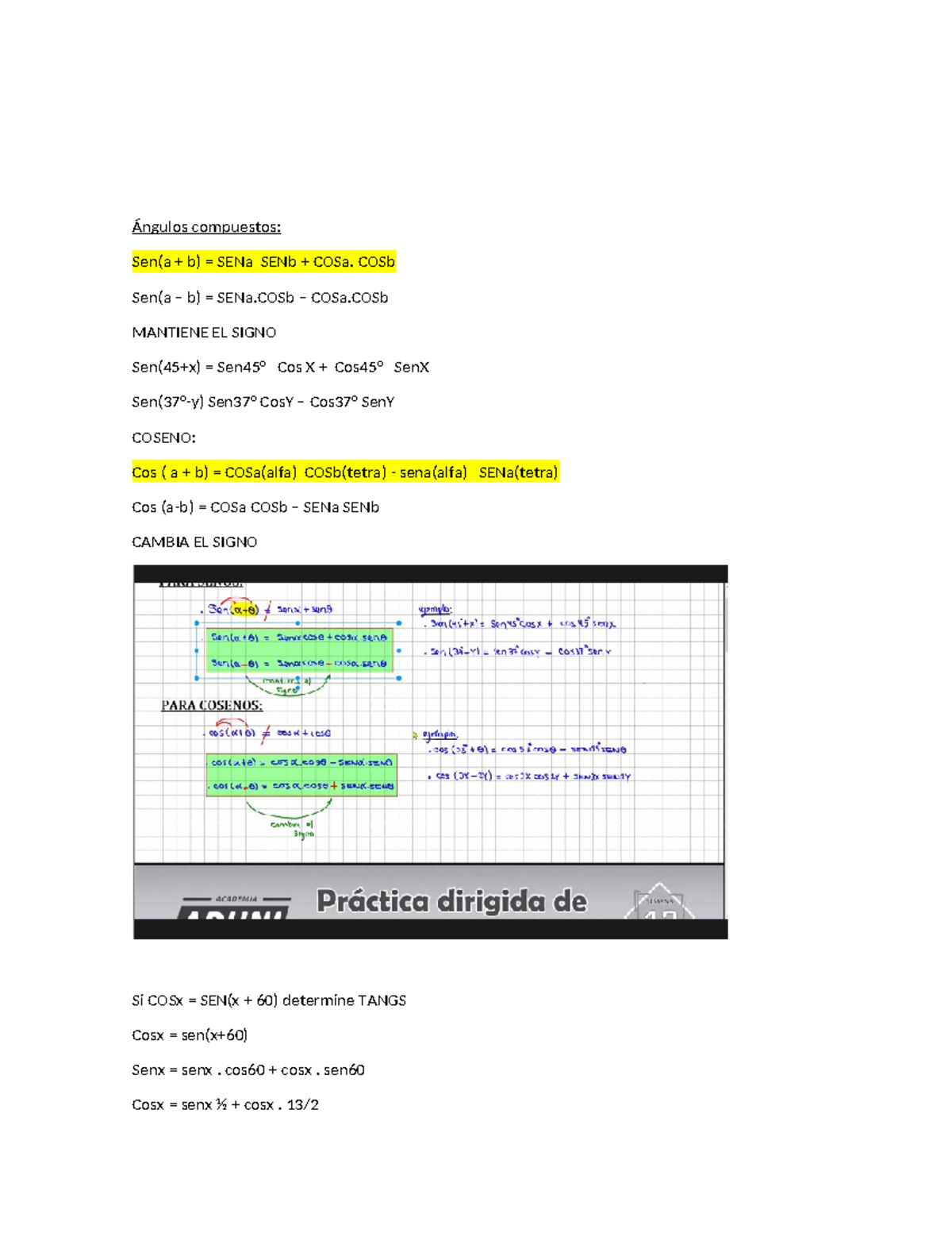 Ángulos compuestos TEMA DE Trigonometria - Ángulos compuestos: Sen(a ...