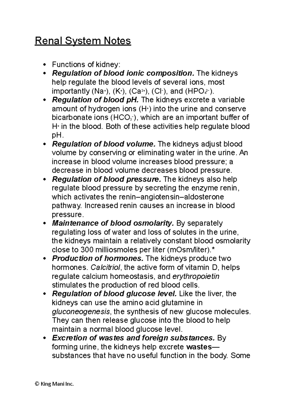 Lecture notes, lectures 13-14-15 - Renal System Notes Functions of ...
