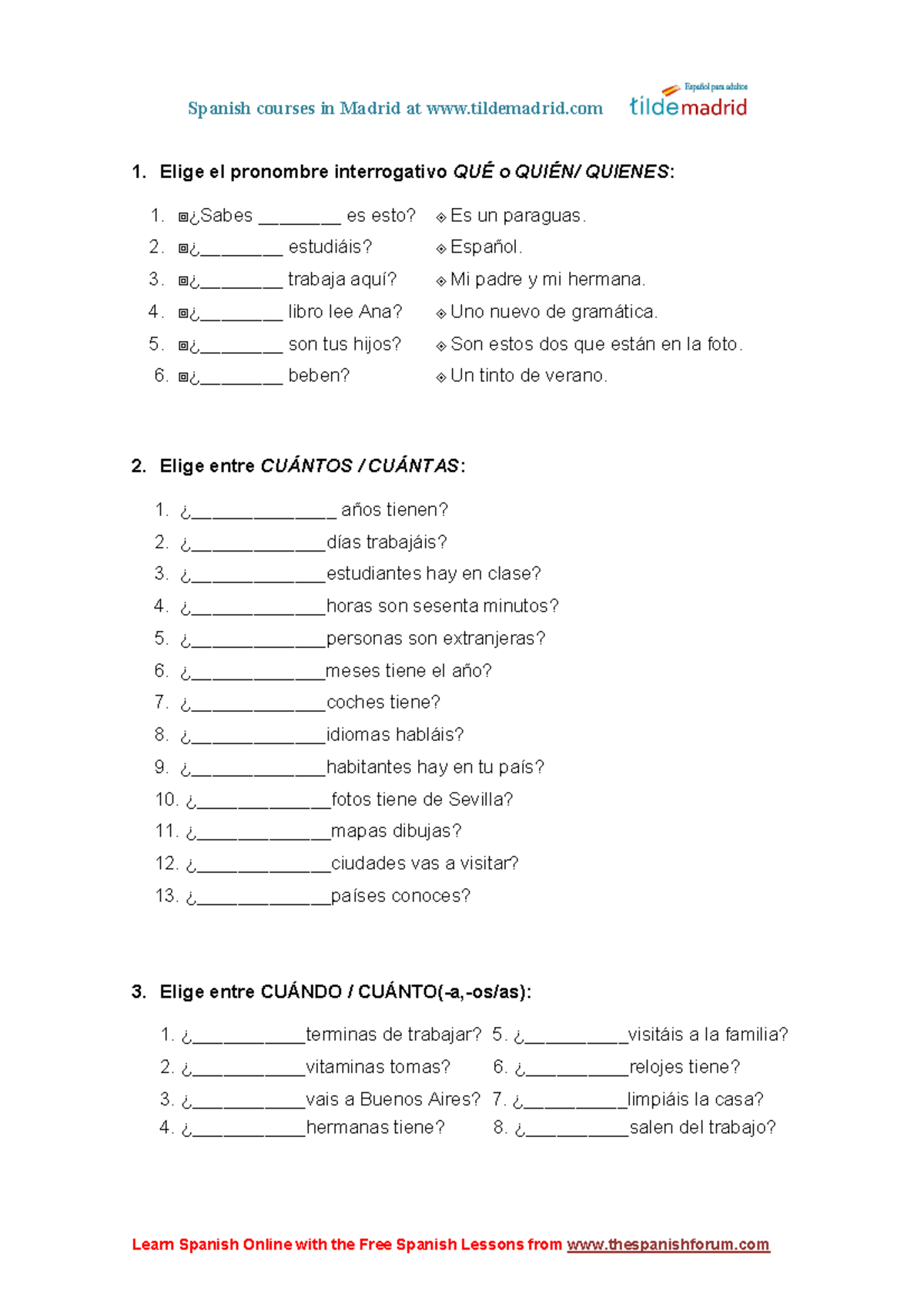 Ejercicio Los interrogativos - Spanish courses in Madrid at tildemadrid ...