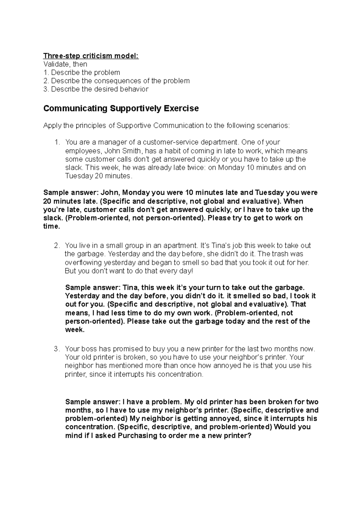Communicating Supportively Exercise Answers - Three-step criticism ...