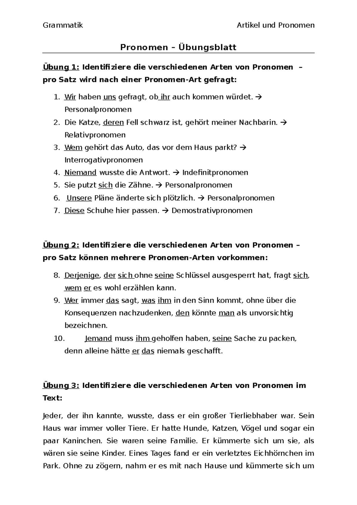 Pronomen-Übungsblatt - Grammatik Artikel und Pronomen Pronomen ...
