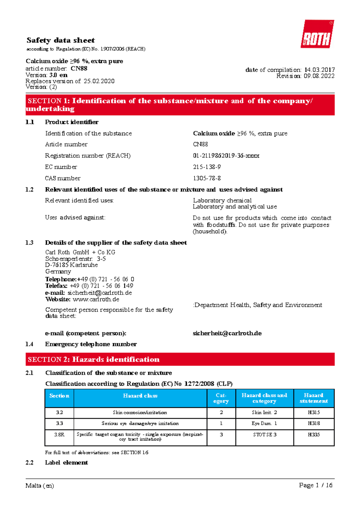 MSDS Ca O 222 - Safety data sheet according to Regulation (EC) No. 1907/2006 (REACH) Malta (en ...