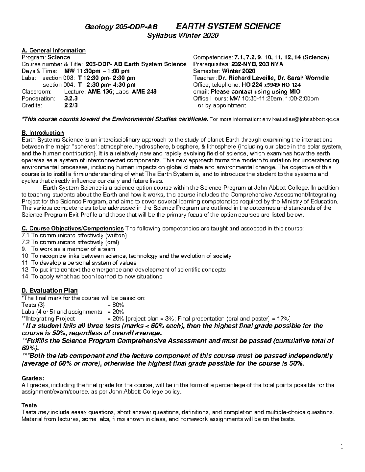 Earth System Science Course Outline - Geology 205-DDP-AB EARTH SYSTEM ...