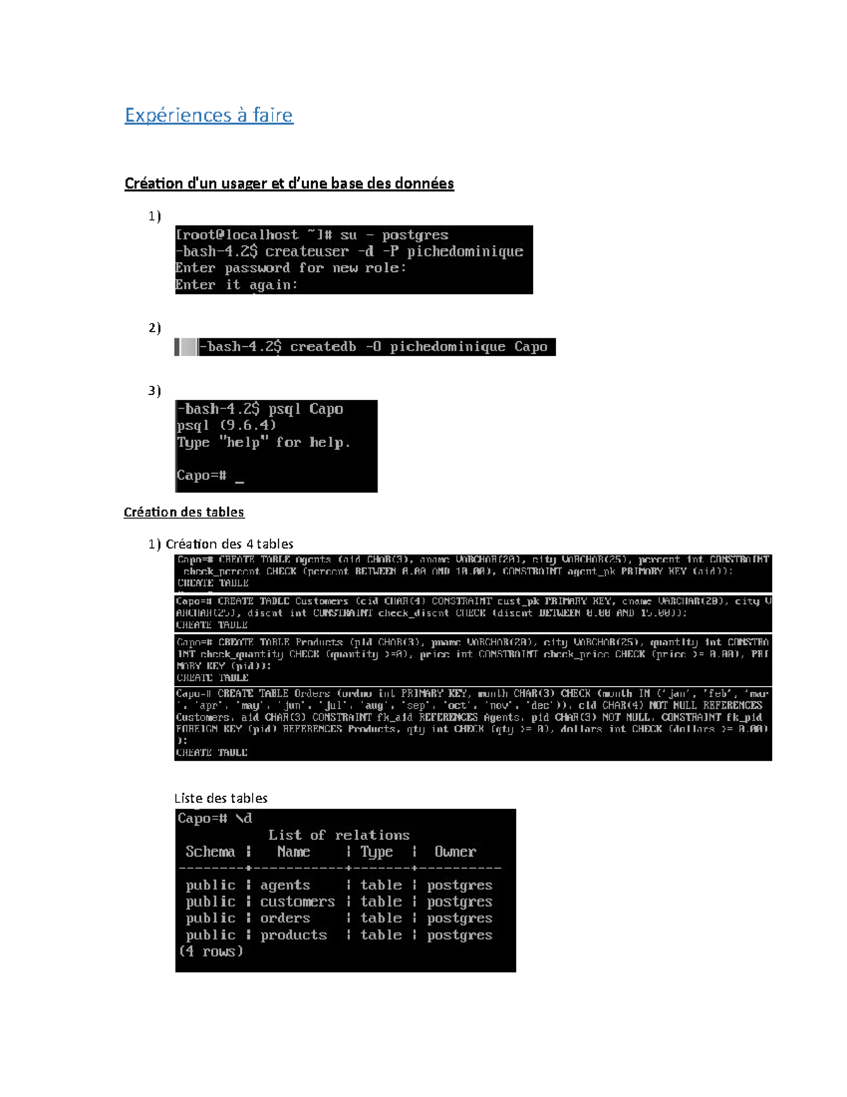 TP1 - TP complet - Expériences à faire Création d'un usager et d’une base des données 1) 2) 3 ...
