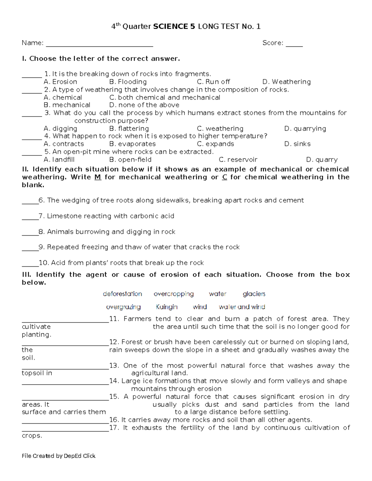 Science 5 ST1 Q4 - 4 th Quarter SCIENCE 5 LONG TEST No. 1 Name
