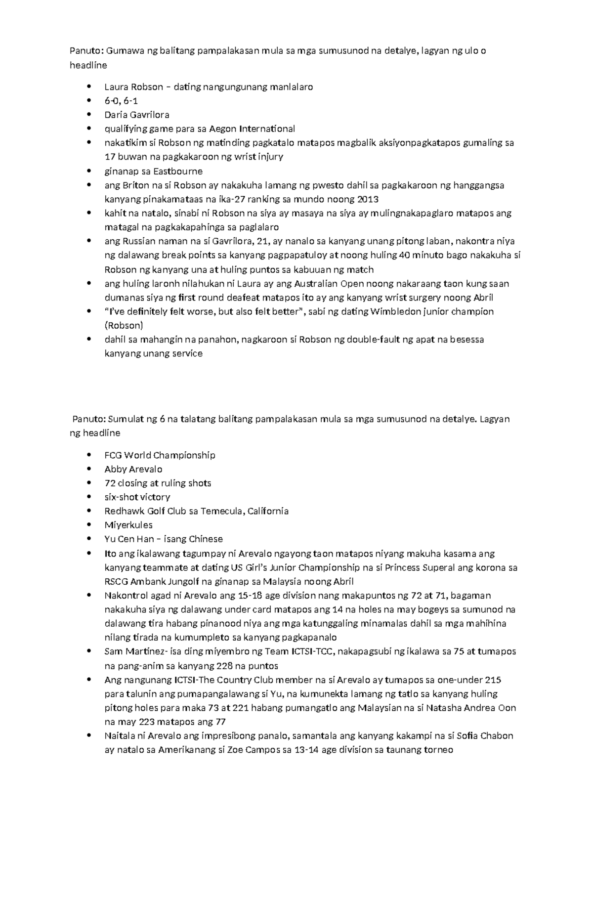 Sports-new2015 - Sports Writing Fact Sheet - Panuto: Gumawa ng balitang ...