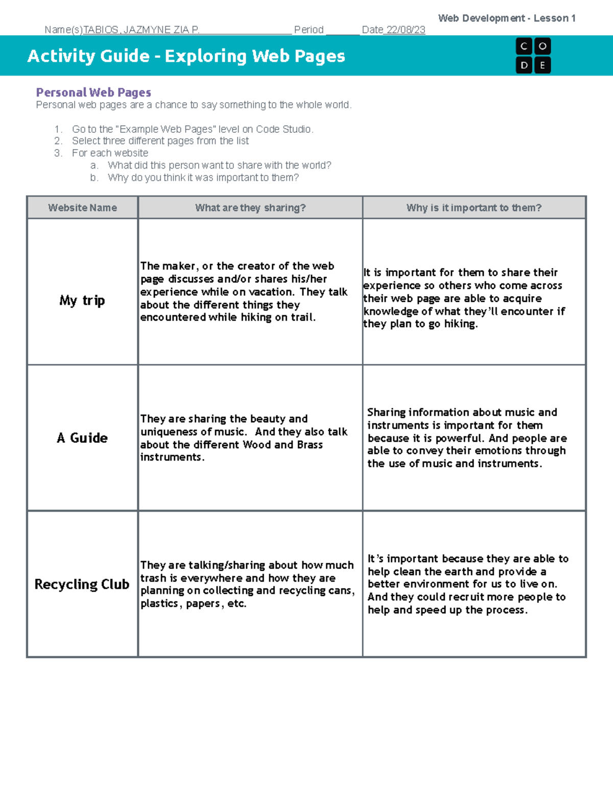 activity guide ul201 - Web Development - Lesson 1 Name(s)TABIOS ...