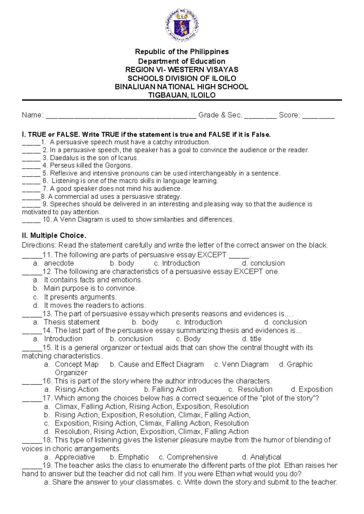 Q1 PT - Periodical Exam - Republic of the Philippines Department of ...
