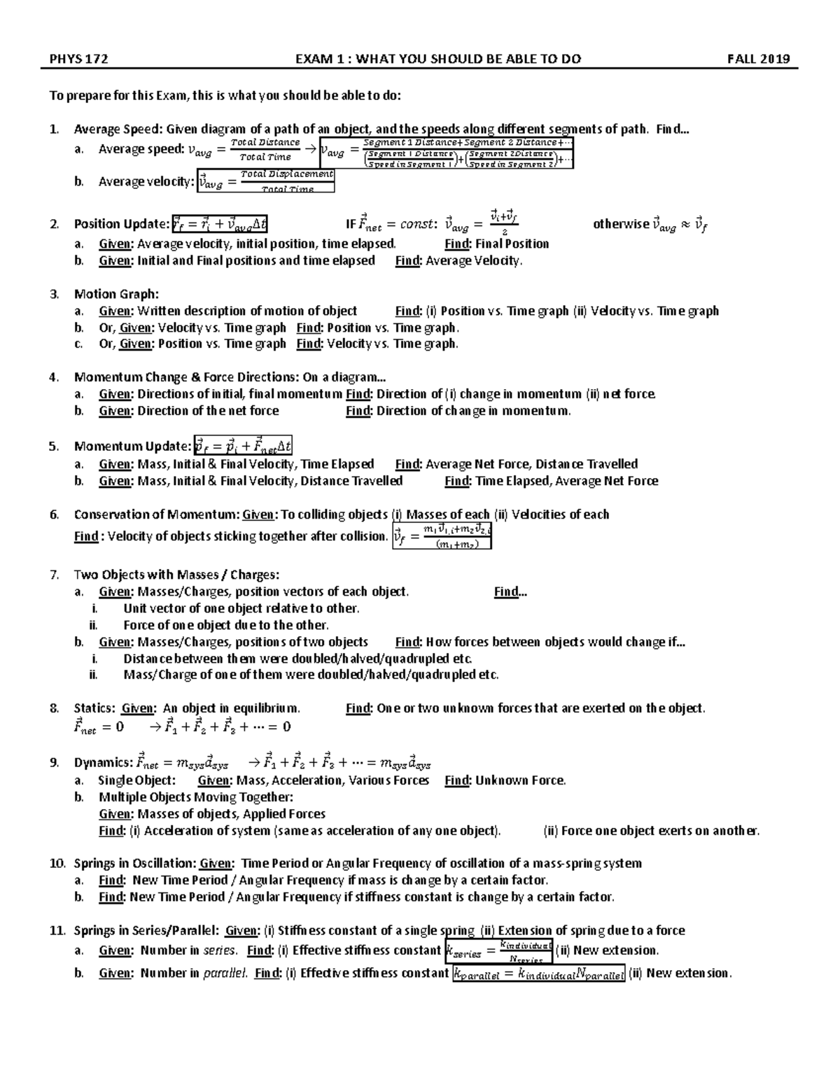 PHYS172 F19 Exam1 What You Should Be Able To Do - Warning: TT: undefined function: 32 Warning ...