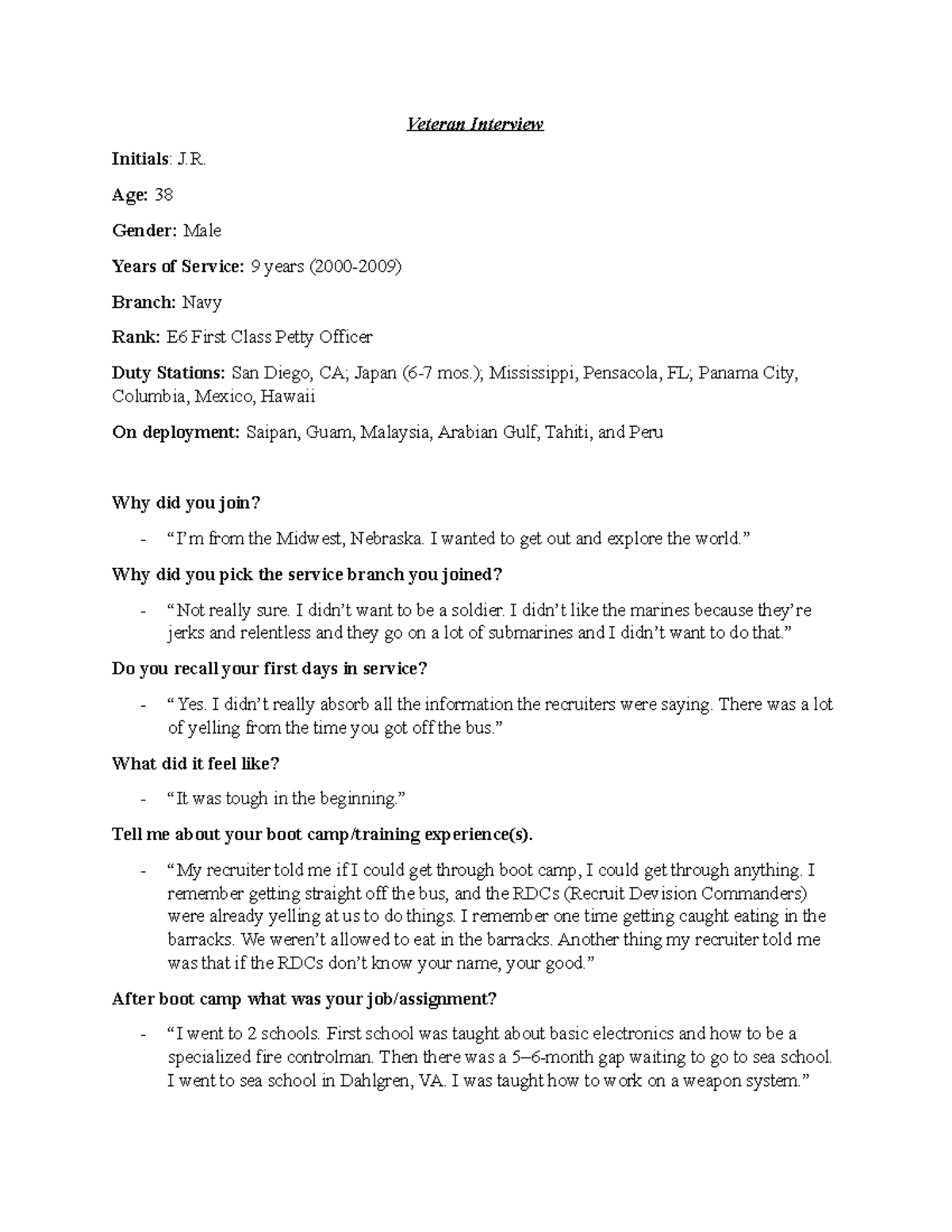 Interview Questions - Veteran Interview Initials : J. Age: 38 Gender ...