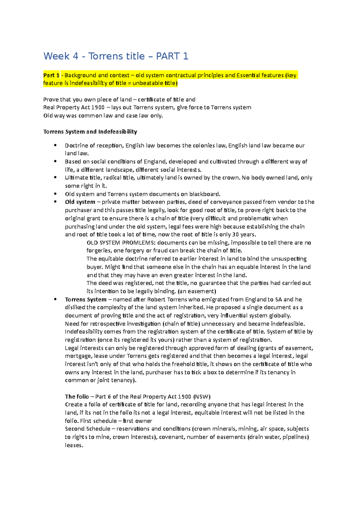 T5 Notes - Torrens P1 & 2 - Week 4 - Torrens title – PART 1 Part 1 ...