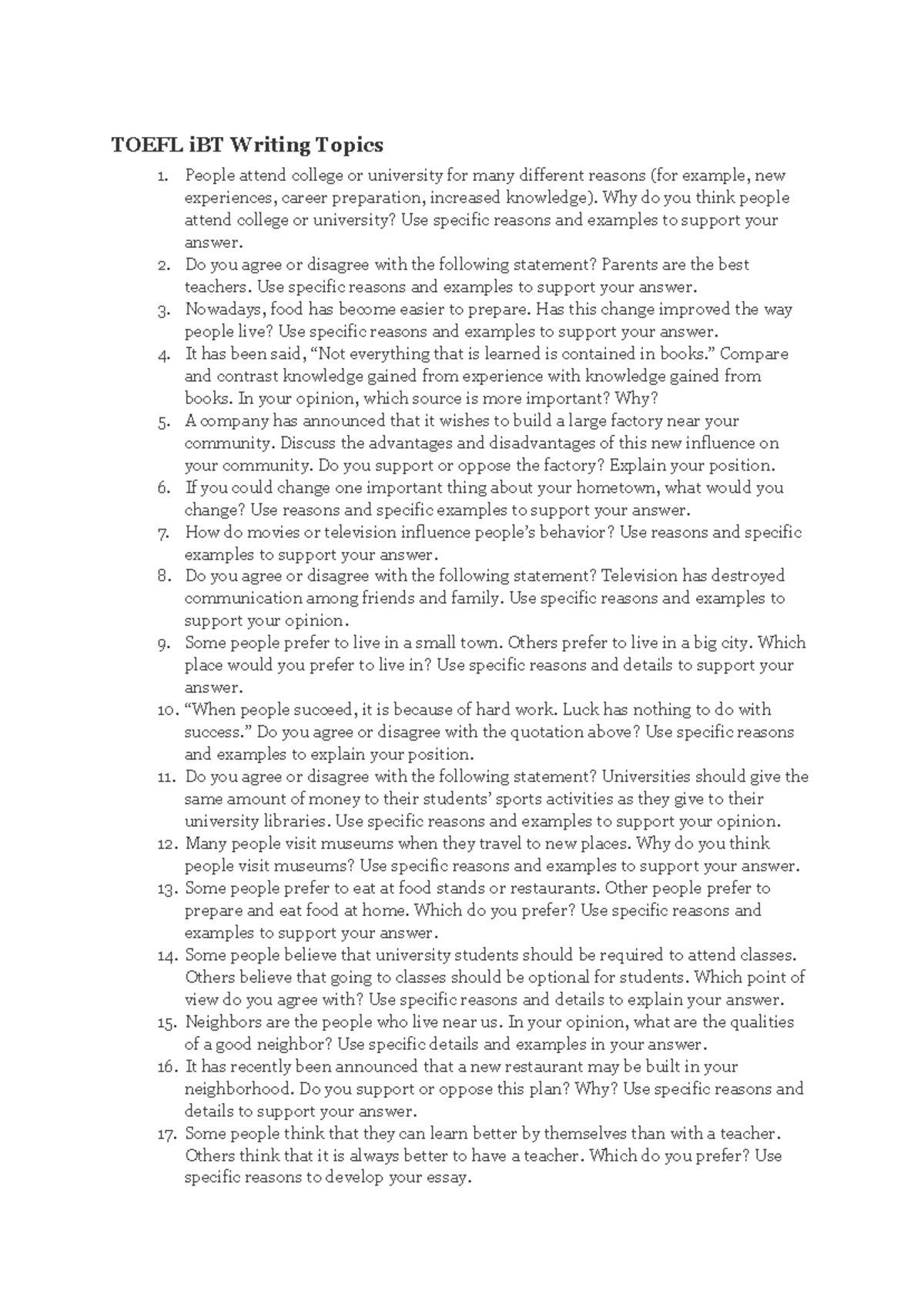 Writing Task 2 topics 1-50 - TOEFL iBT Writing Topics People attend ...