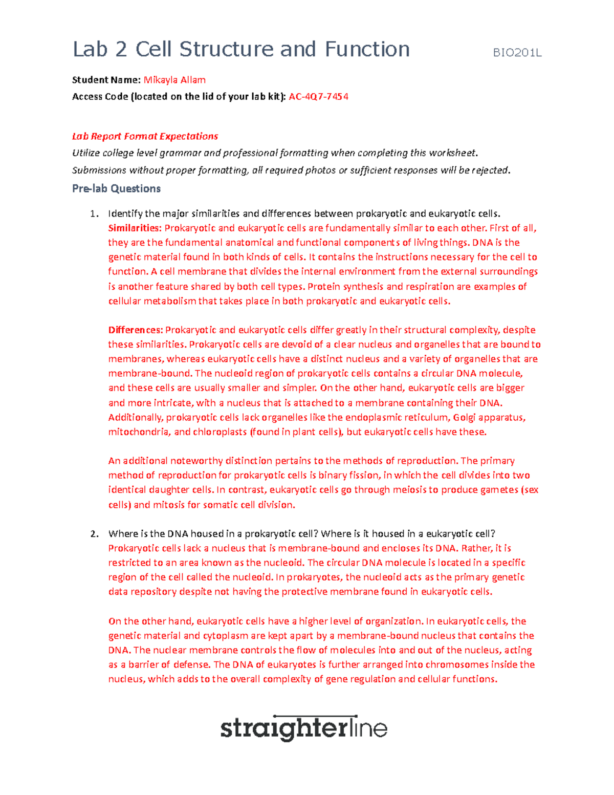 BIO201 Lab 2 - Cell Structure and Function - Student Name: Mikayla Allam Access Code (located on ...