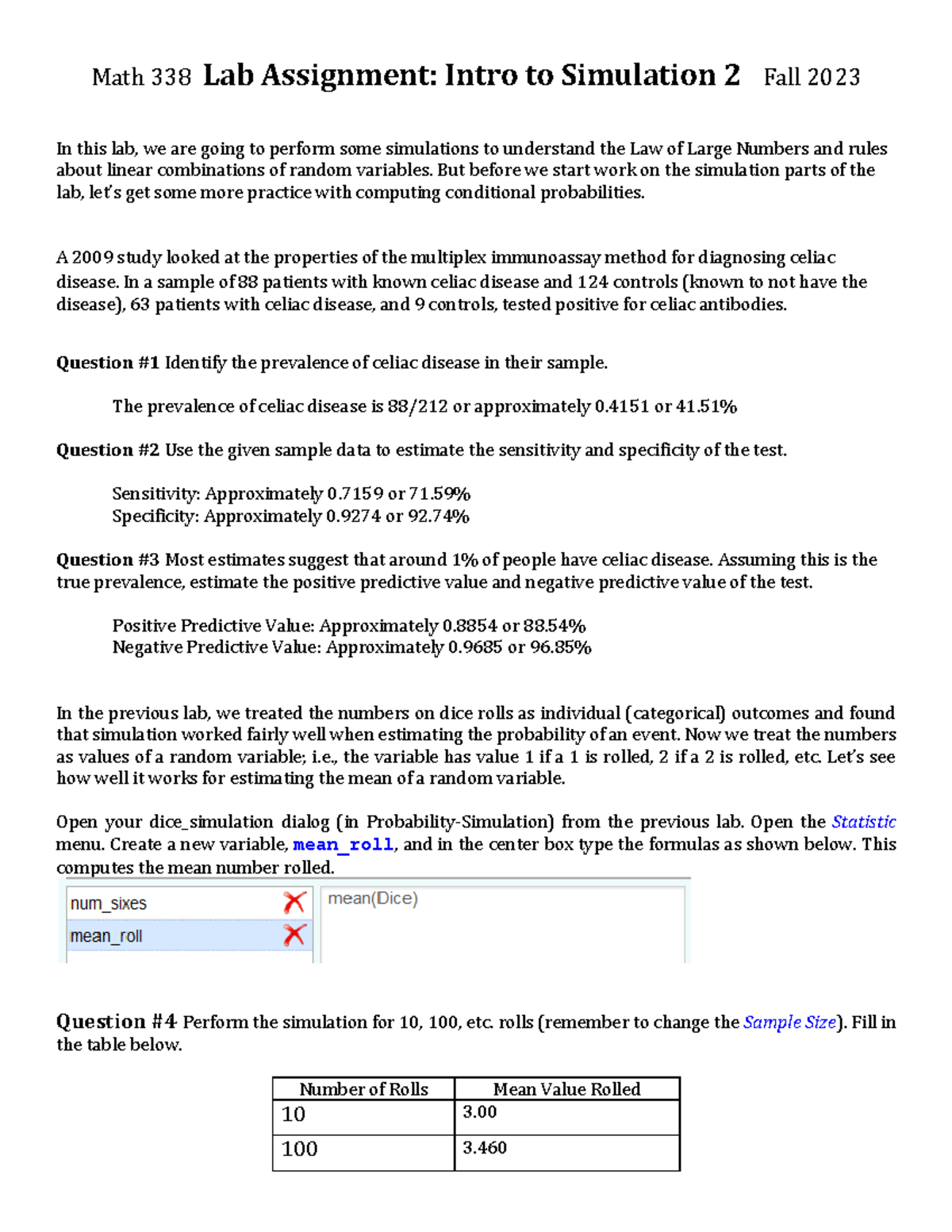 Intro to Simulation 2 - Rguroo - Math 338 Lab Assignment: Intro to Simulation 2 Fall 2023 In ...