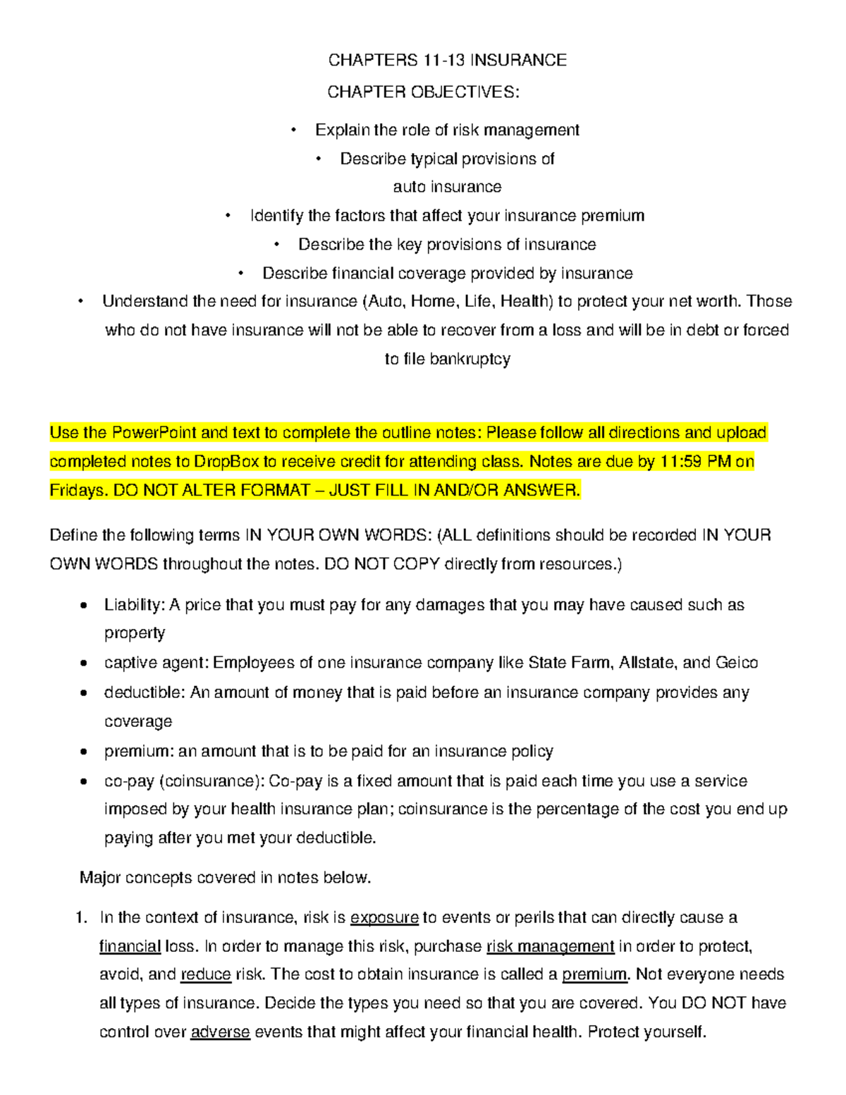 Chapters 11 - 13 Notes Fillable - CHAPTERS 11-13 INSURANCE CHAPTER ...