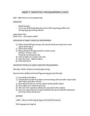 Object Oriented Programming - OBJECT ORIENTED PROGRAMMING (OOP) OOP – Referred to as a new - Studocu