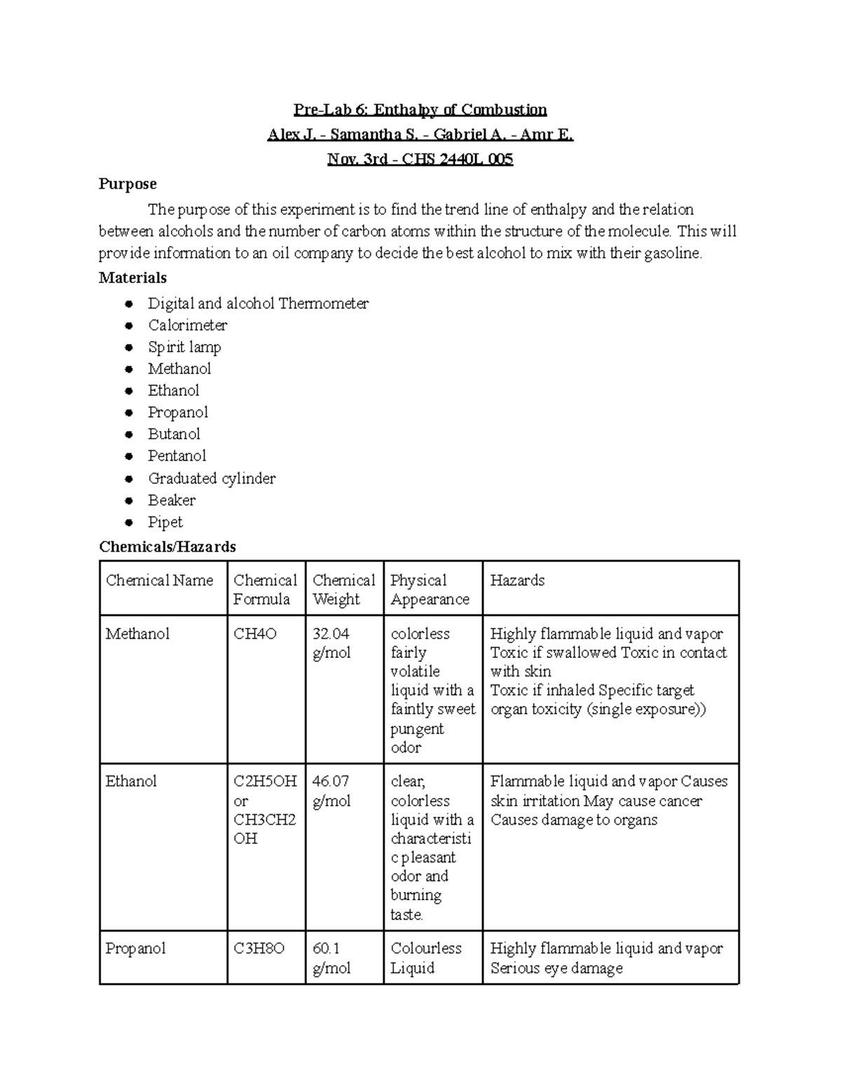 Pre-Lab 6 - chm lab - Pre-Lab 6: Enthalpy of Combustion Alex J ...