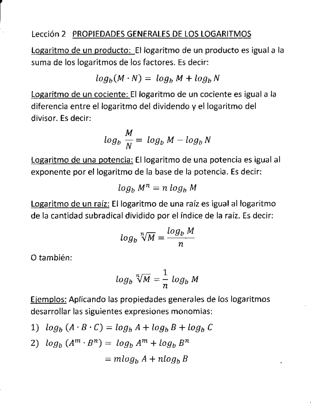 Logaritmos mate - Lección 2 PROPIEDADES GENERALES DE LOS LOGARITMOS ...
