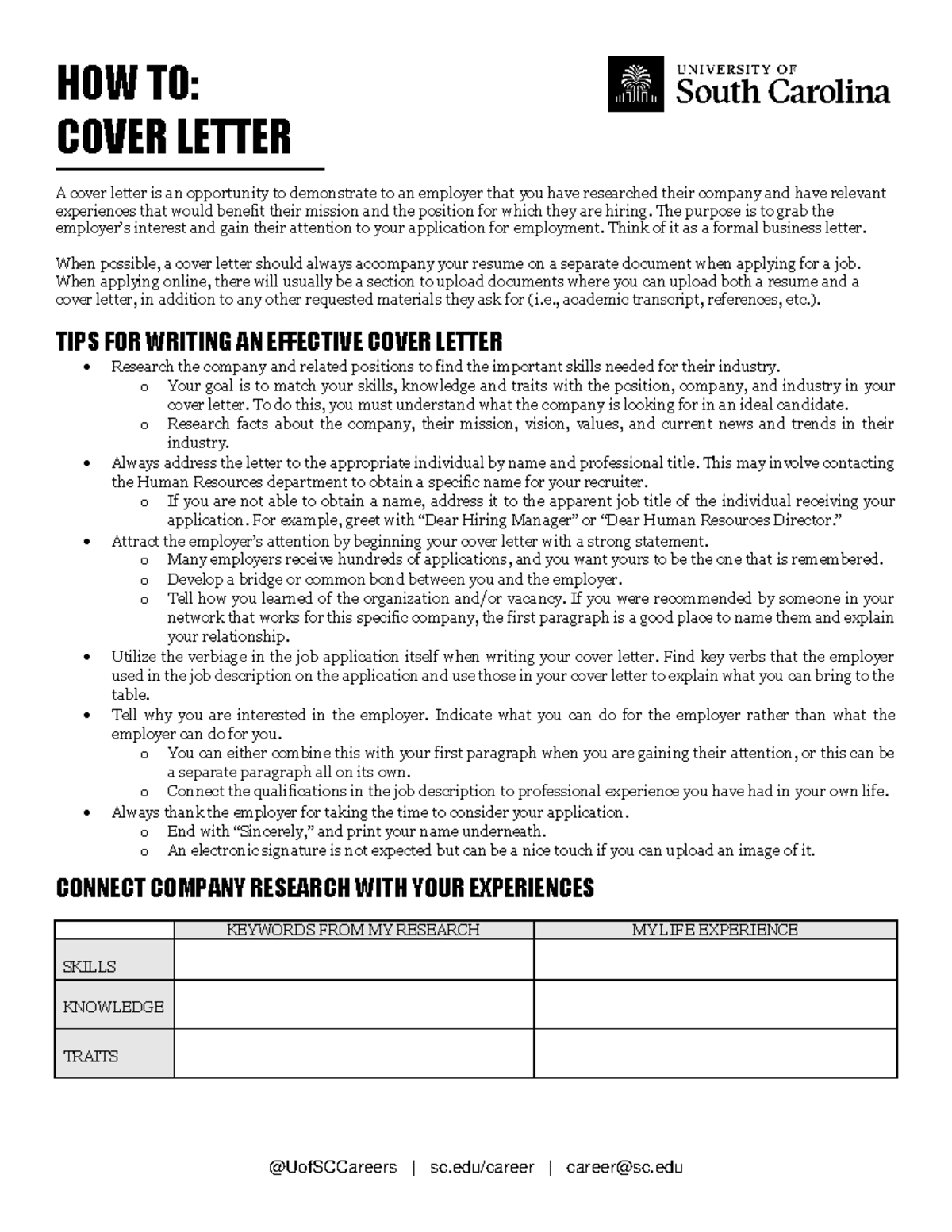 Cover Letter Tip Sheet - @UofSCCareers | sc/career | career@sc HOW TO ...