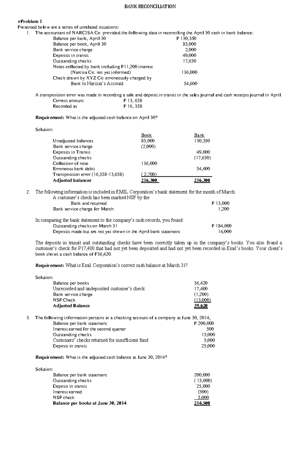 Practical Exam For Accounting In Bank Reconciliation Problem 1