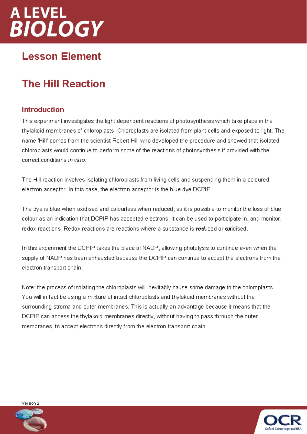 170051 the hill reaction activity - Lesson Element The Hill Reaction ...