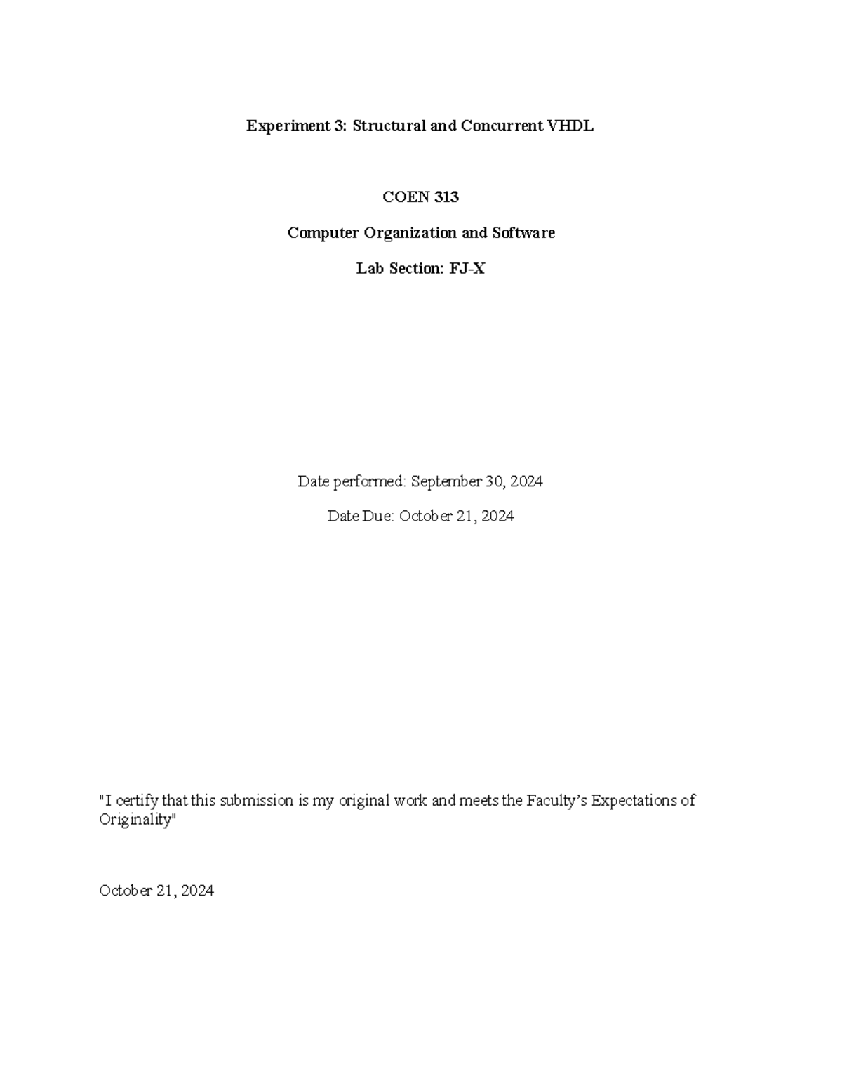 Lab 3 COEN313 F24 - Experiment 3: Structural and Concurrent VHDL COEN 313 Computer Organization ...