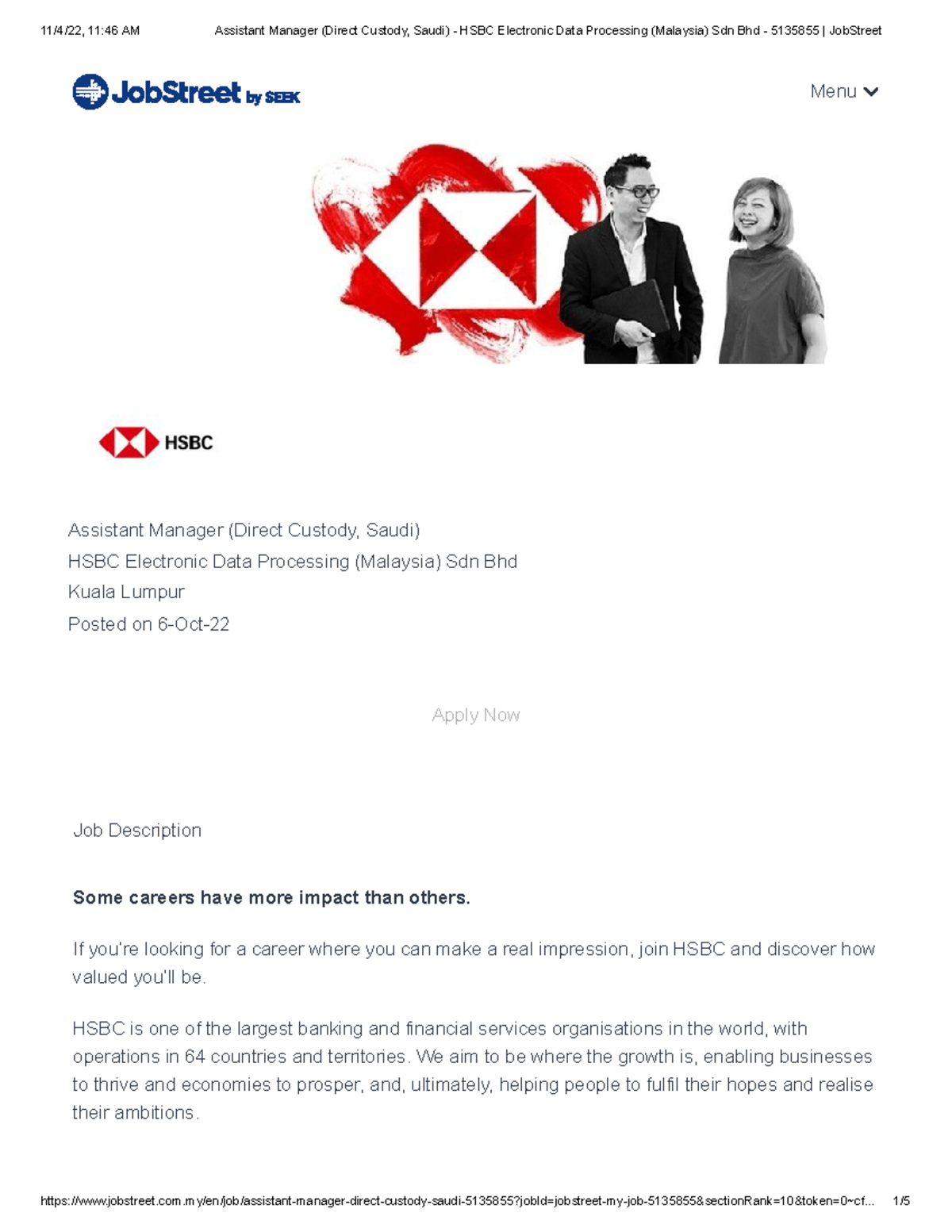 Assistant Manager (Direct Custody, Saudi) - HSBC Electronic Data ...