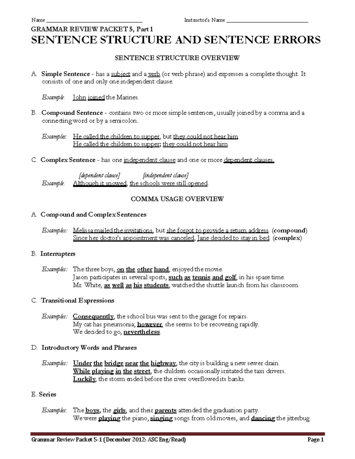 Grammar review packet 5-1 sentence structure and sentence errors - Name ...