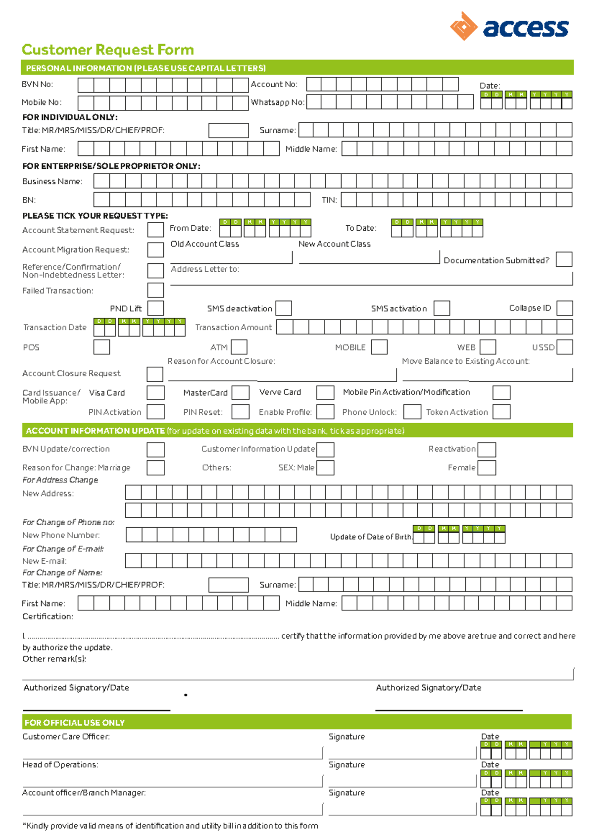Customer request form All in one - PERSONAL INFORMATION (PLEASE USE ...