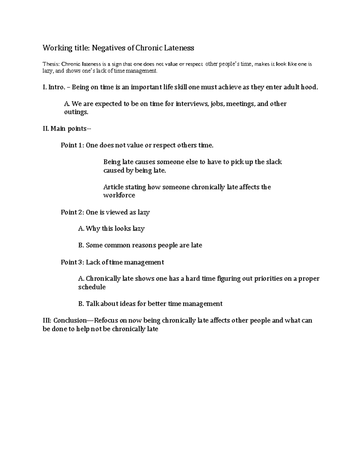 Outline Essay Three - Working title: Negatives of Chronic Lateness ...