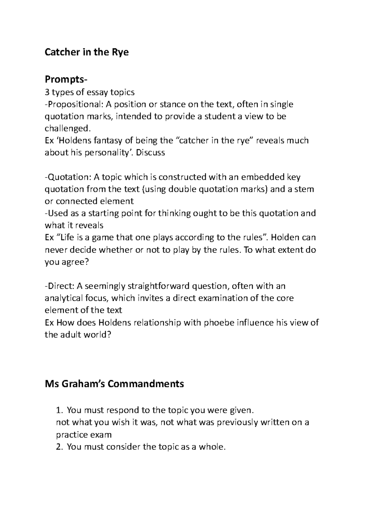 Practice notes for English Exam Prep - Catcher in the Rye Prompts- 3 ...