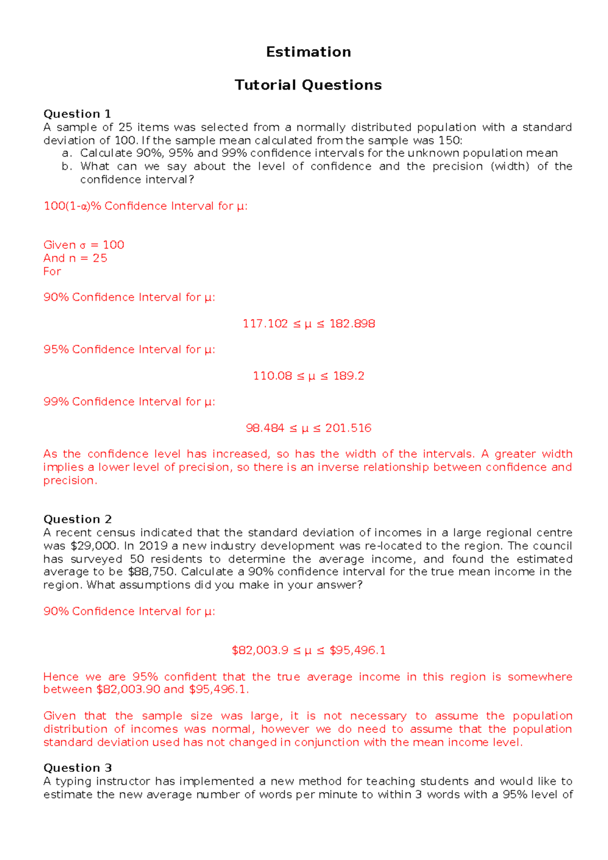 Estimation Tutorial Questions Solutions Estimation Tutorial Questions Question 1 A Sample Of
