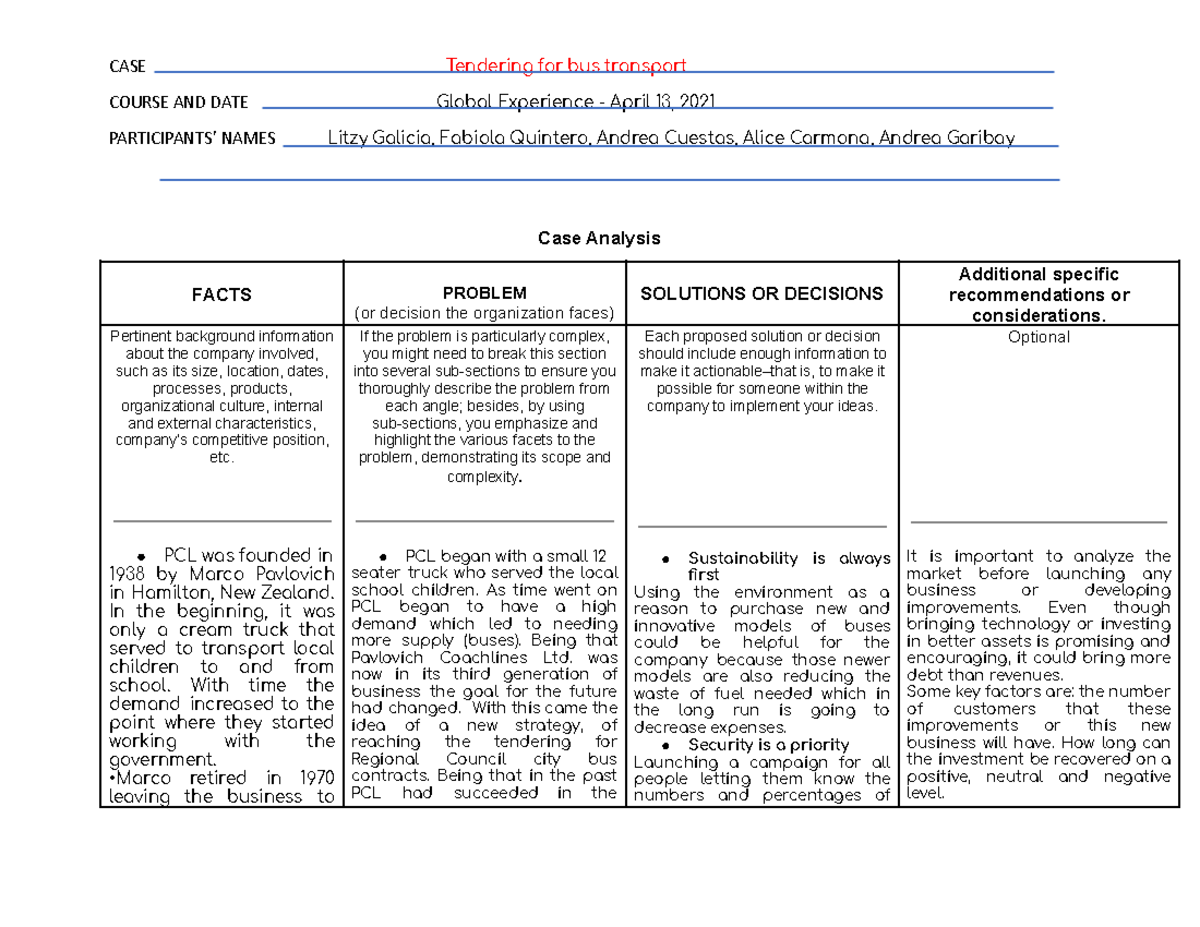 Case 6. Global Experience - CASE Tendering for bus transport COURSE AND ...
